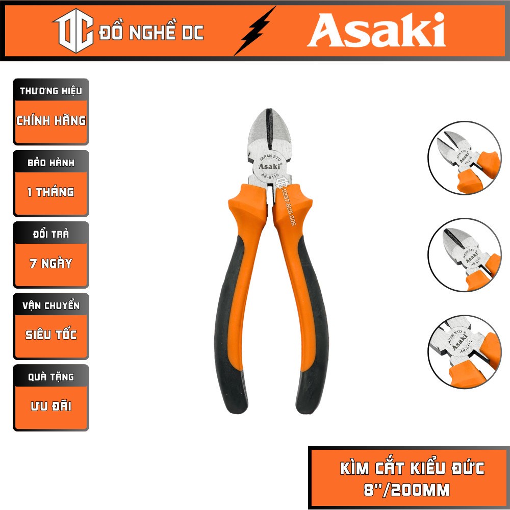 Asaki Kìm Cắt, Kềm Cắt Kiểu Đức 8"/200mm AK-8110 thép 55# High Carbon, dùng để cắt, bấm dây điện ...