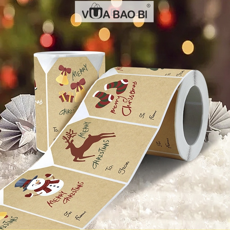 Cuộn 250 decal Noel quà tặng 5*7.5cm nền kraft TE40 sticker tem dán ...