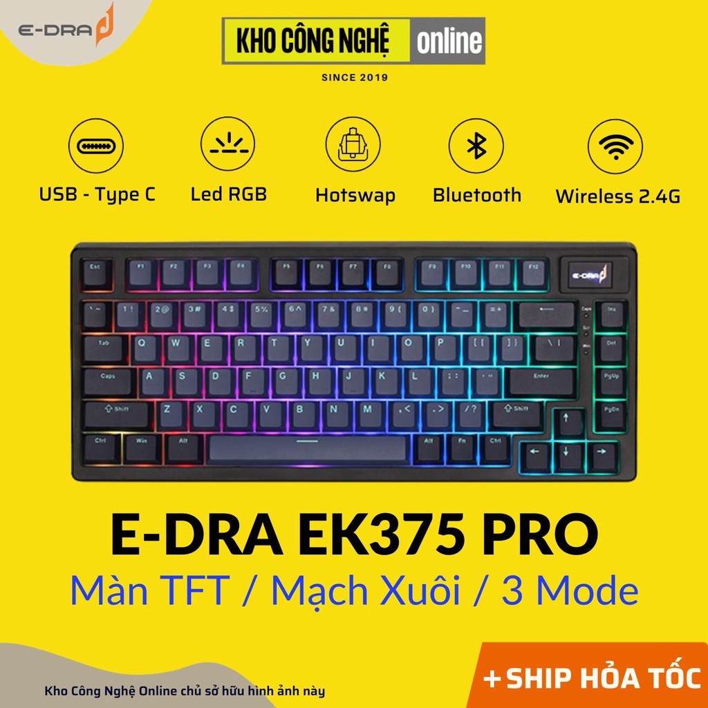 Bàn phím cơ E-DRA EK375 PRO Mạch Xuôi (Led RGB, Kết Nối 3 Mode, Màn ...