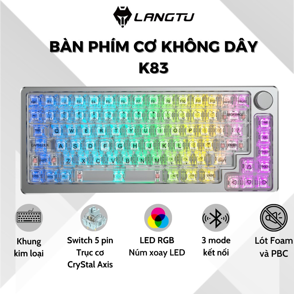 Bàn phím cơ không dây ATAS K83 - Trục cơ CRYSTAL AXIS - Phím trong suốt - 3 Mode Kết Nối - Khung ...