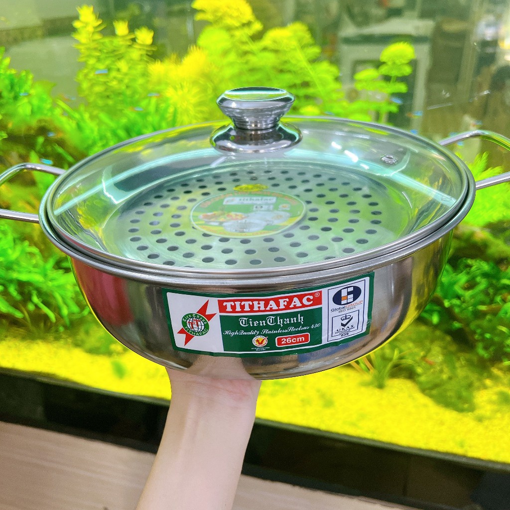 Nồi lẩu vung kính kèm xửng hấp TITHAFAC Cao cấp - Nồi lẩu hấp inox nắp ...