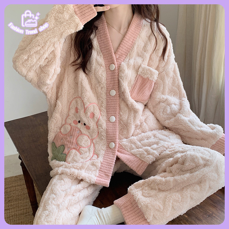 Bộ Đồ Ngủ Chất Nỉ Dày Dặn Họa Tiết Thỏ / Dâu Tây Dễ Thương Thời Trang ...