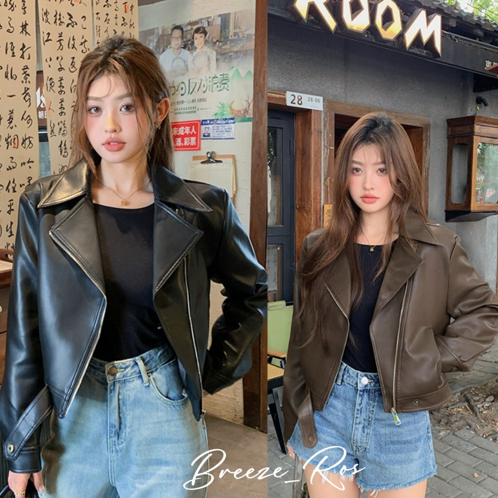 Breeze_Ros Áo Khoác Da PU Ngắn Thời Trang Nữ Áo Khoác Da Tay Dài Khóa ...