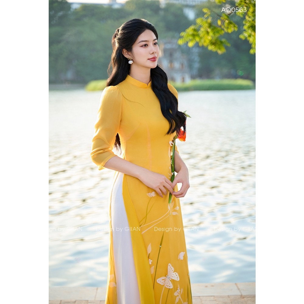 Áo dài truyền thống trẻ trung thiết kế họa tiết đính kết hồ điệp thủ ...