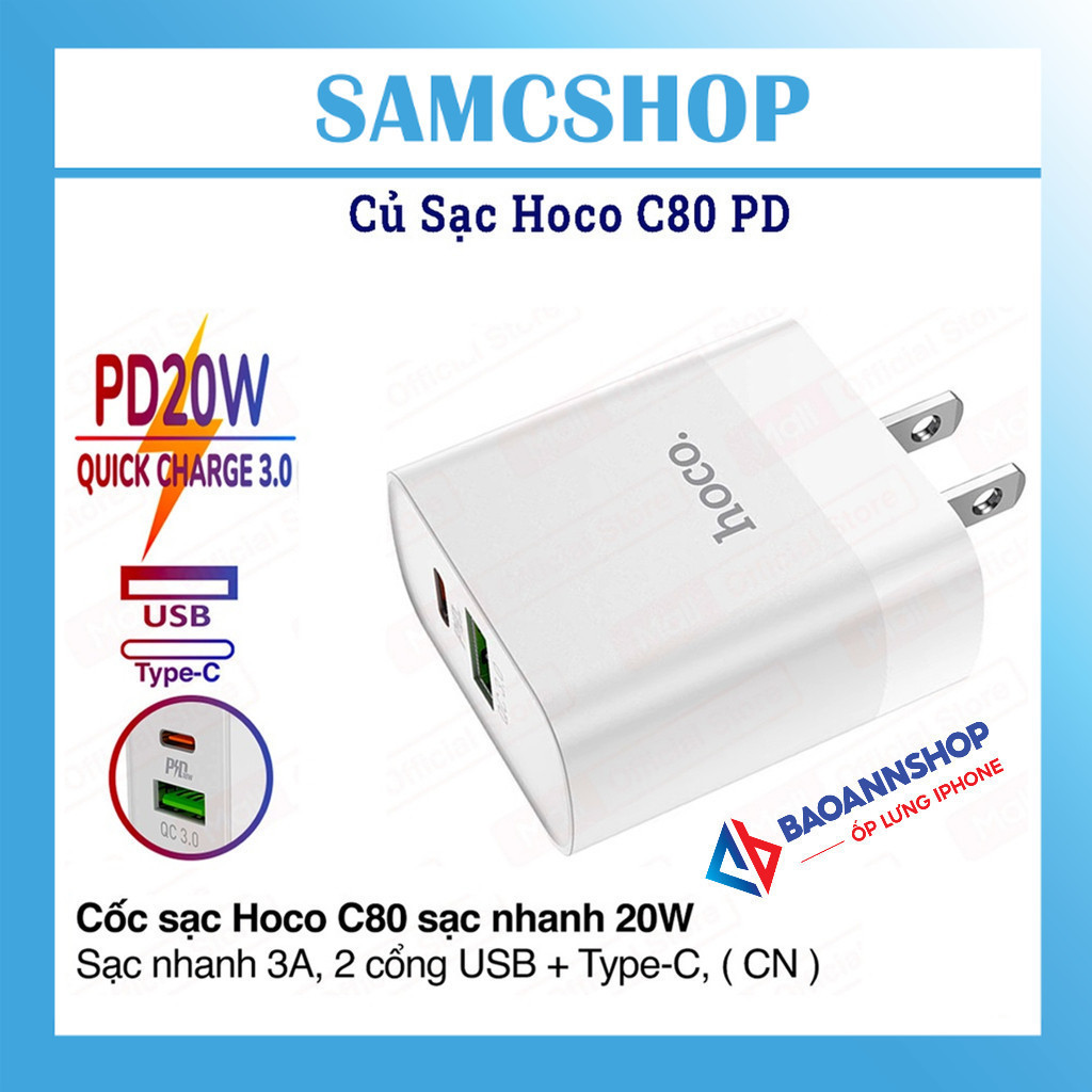 Củ sạc nhanh 20W Hoco C80A 2 cổng sạc siêu bền chính hãng 50% trong 30p bảnh hành 12 tháng ...