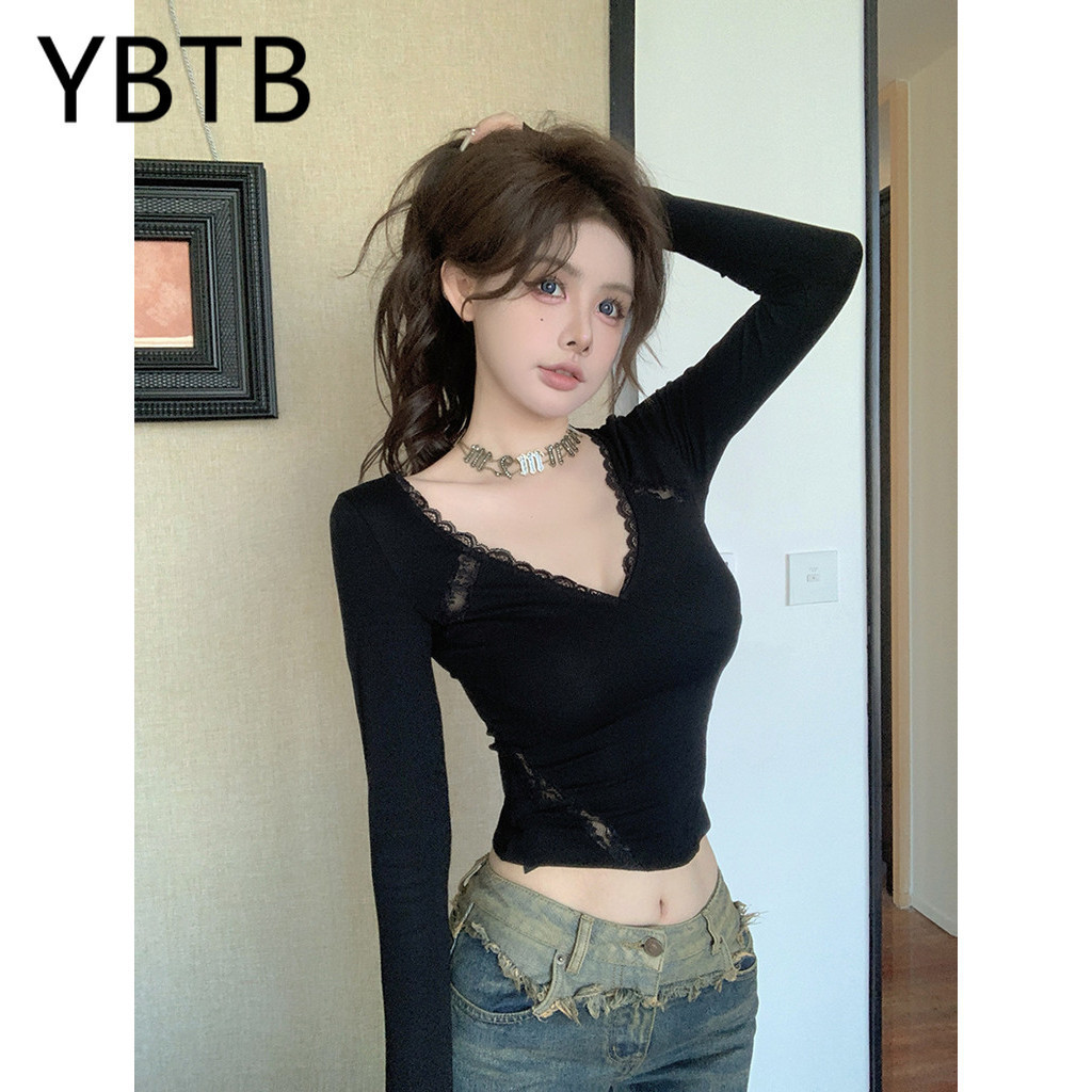 YBTB Không khí mơ hồ màu đen áo dệt kim ren cổ chữ V 3508 | Shopee Việt Nam