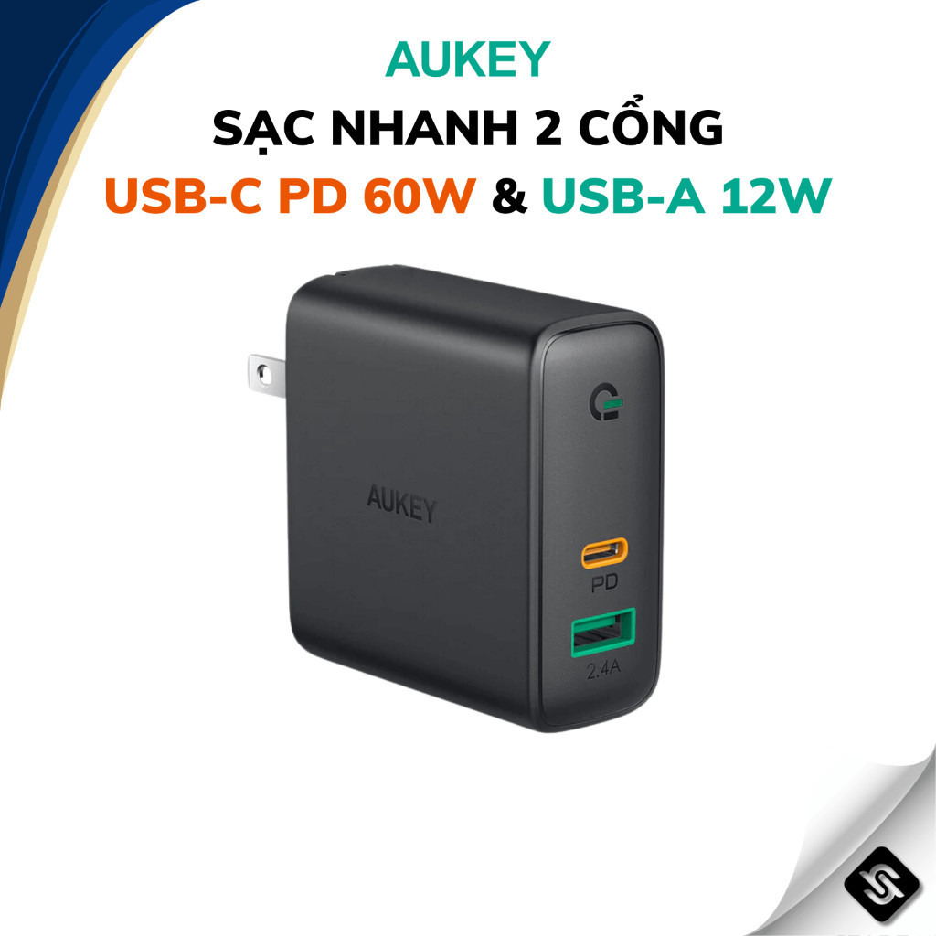 Củ Sạc Nhanh 60W Aukey PA-D3 , 2 cổng USB 12W + Type C 60W | Shopee Việt Nam