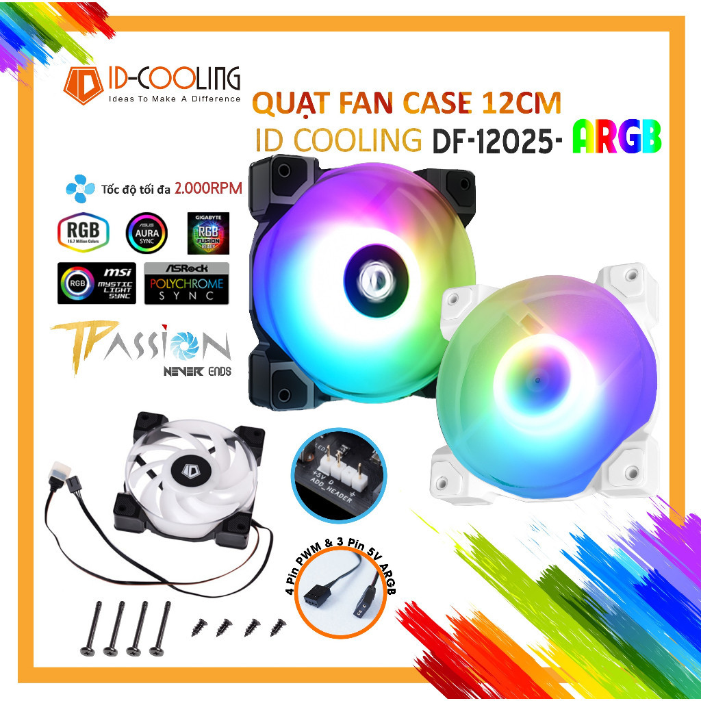 Quạt Fan Case 12cm ID-Cooling DF-12025 ARGB - Hiệu ứng RGB cầu vồng đẹp, sức gió tốt, quay mạnh ...