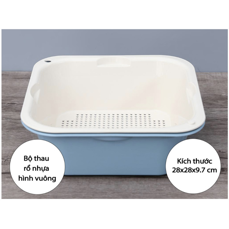 Bộ thau kèm rổ vuông 28cm đựng rau củ quả, nhựa PP cao cấp an toàn khi ...