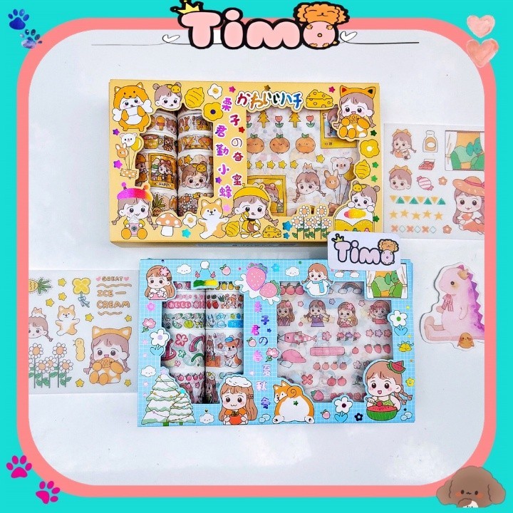 Hộp sticker cute washi tape dán sổ tay decor set 10 cuộn băng dính 10 ...