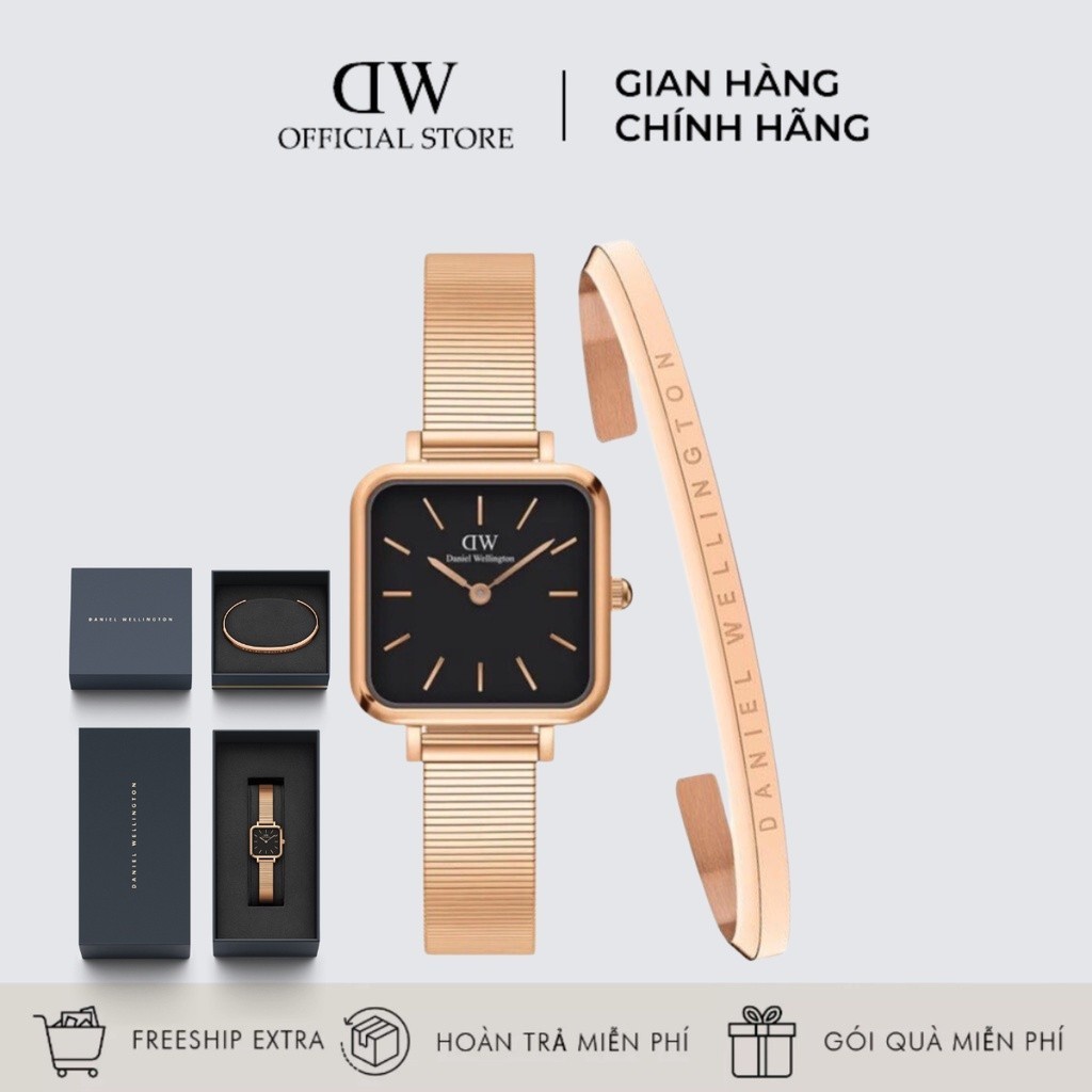 Đồng Hồ Nữ Daniel Welington Quadro Studio Melrose Black & Vòng Tay ...