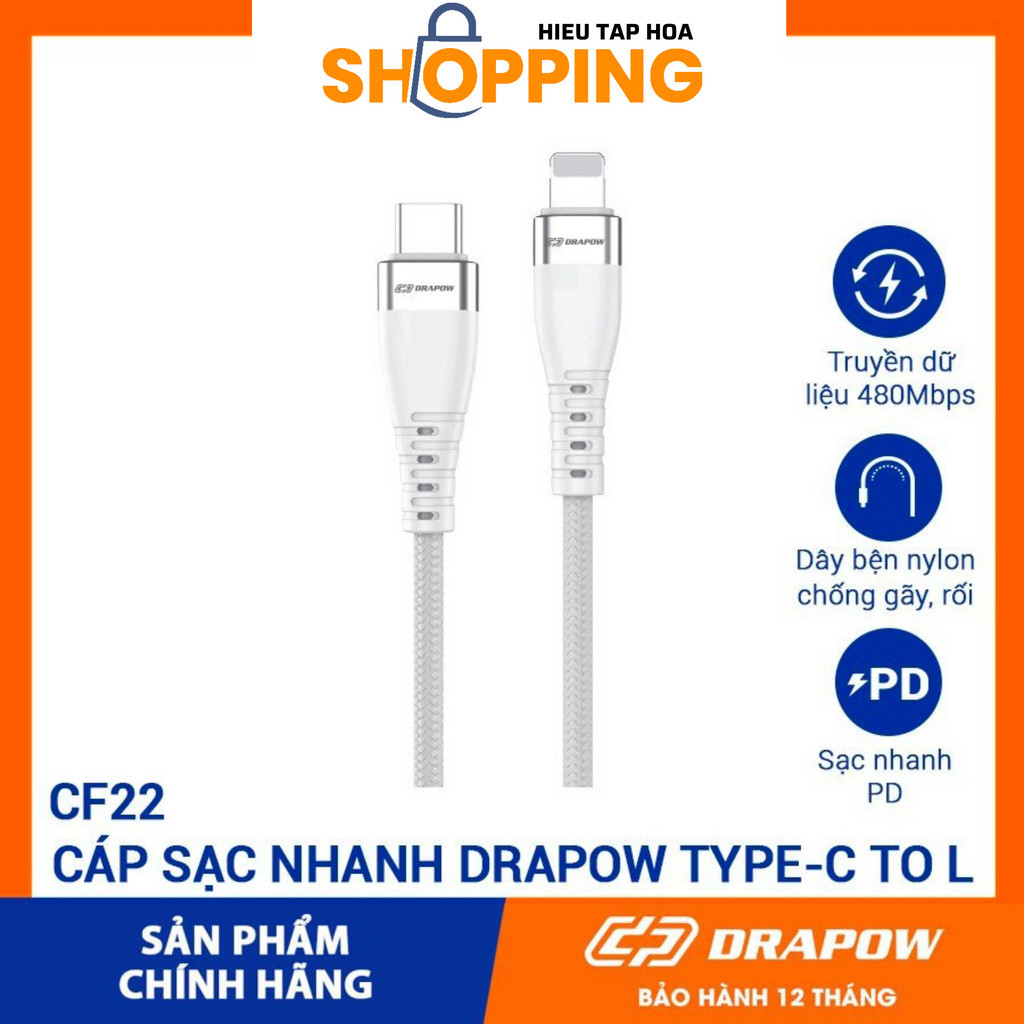 Dây Cáp Sạc Nhanh PD MFI Drapow CF22 C to L dành cho iP cổ cáp chống ...