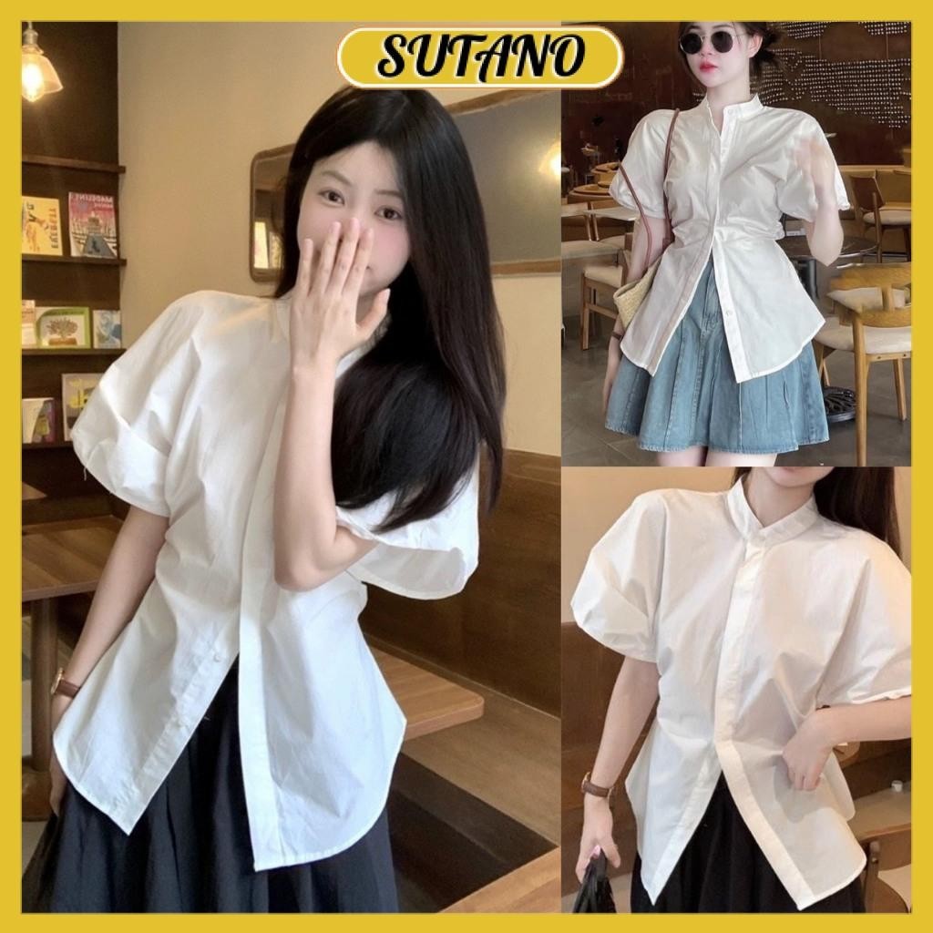 Áo sơ mi nữ cổ tàu ngắn tay rúm eo tôn dáng áo sơ mi cộc thay chất thô đũi nhăn lịch sự A647 ...