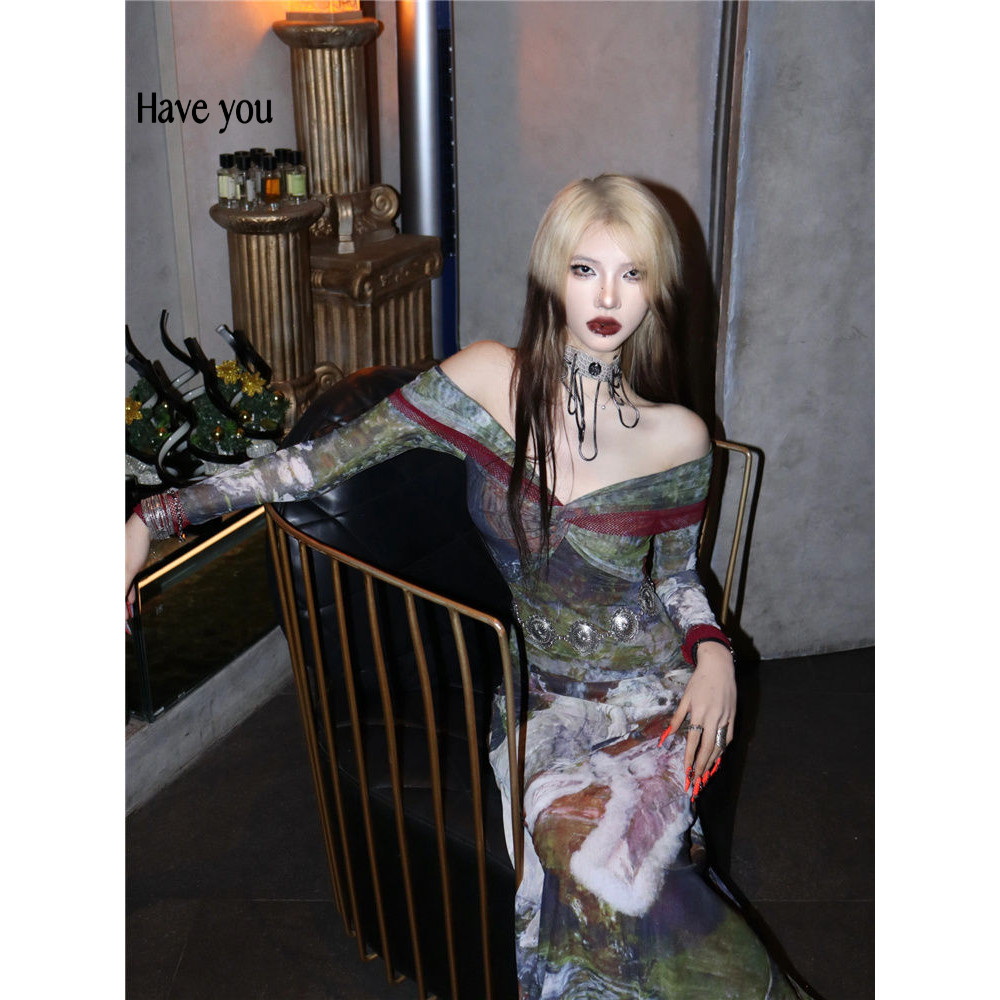 Niche Đầm Dáng Chữ A Tay Dài Cổ Hẹp Eo Hẹp In Họa Tiết Tranh Sơn Dầu ...