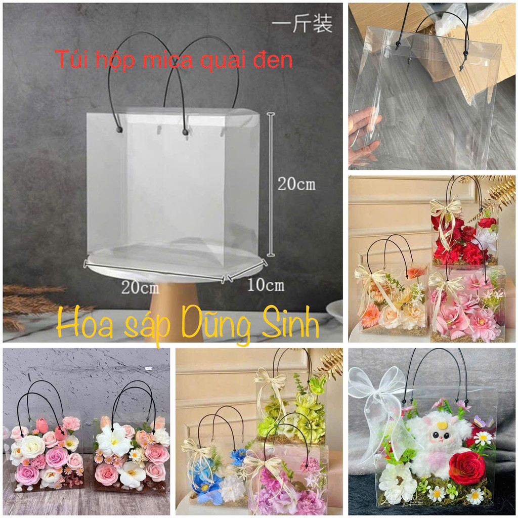 [ 10 cái ] túi hộp mica quai đen trong suốt KT 20 X 20 X 10cm đựng hoa, gấu bông, bánh kẹo hàng ...