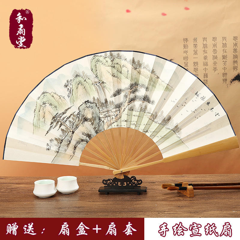 He Fan Hall Fan 33.3cm Yuzhu Vẽ Tay Phong Cảnh Giấy Cơm Nam Quạt Gấp ...