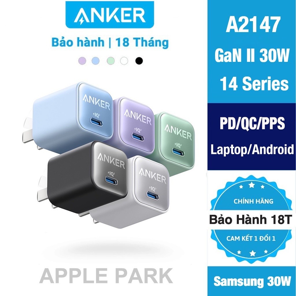 Củ Sạc Anker A2147 GaN II PD 30W,hỗ trợ IQ3.0/PD/PPS 14 Pro Max Chân Gập Samsung 25W- Bảo Hành ...