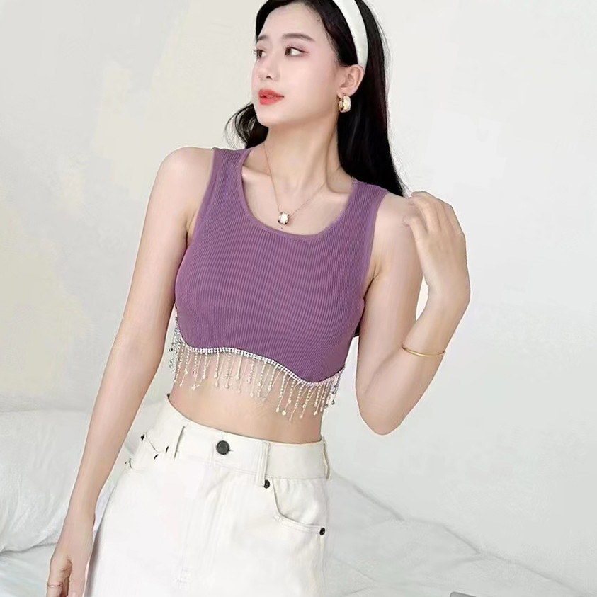 Balamy Hiện Đại Nữ Hoàng Phong Cách Tua Rua Nhỏ Kim Cương Viền Ngắn Rốn Crop Ice Silk Đan Áo ...