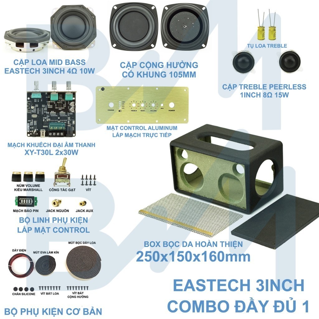 Combo chế loa bluetooth đầy đủ 2.0 2x25W dáng Acton - củ loa Eastech 3inch - treble Peerless ...