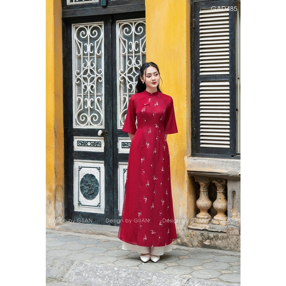 Áo dài tết cách tân Tố Son in hoa nhí đính nơ ngực cách điệu chính hãng ...