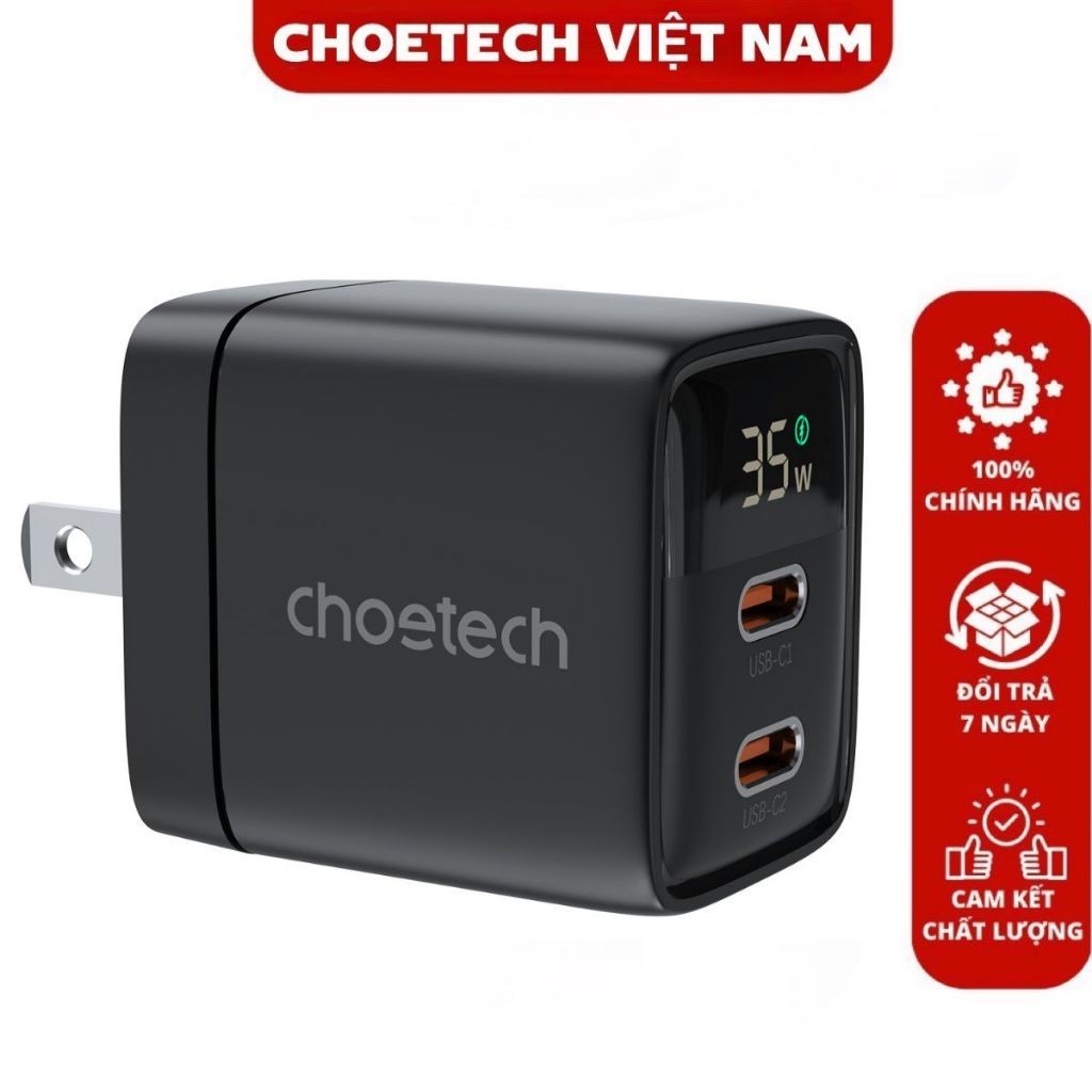 Củ sạc nhanh 2 cổng PD 35W Choetech PD6051 có màn hình LED hiển thì ...