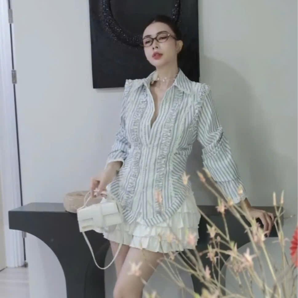 CHUẨN HÃNG mẫu mặc BAGEO Áo sơ mi kẻ dài tay dúm kiểu kẹp bèo viền ren ...