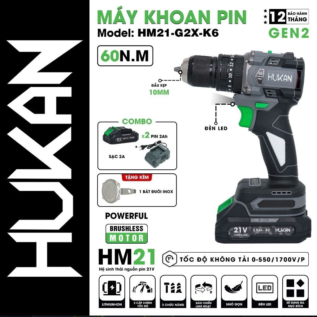 Máy khoan pin HUKAN HM21-G2X-K6, Động cơ Không chổi than, 3 Chức năng, Chuyên khoan tường, khoan ...