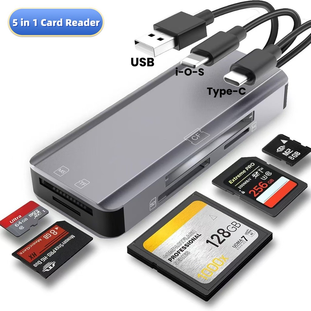 Bộ chuyển đổi đầu đọc thẻ Flash nhỏ gọn 5 trong 1 Type-C / USB / Lighing sang MS CF Mark 2 SD TF ...