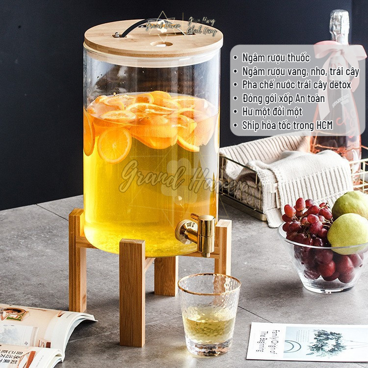 Bình thuỷ tinh vòi inox 5L-8L (Kèm chân gỗ) Grand Haven pha Detox đựng nước, hoa quả Decor nhà ...