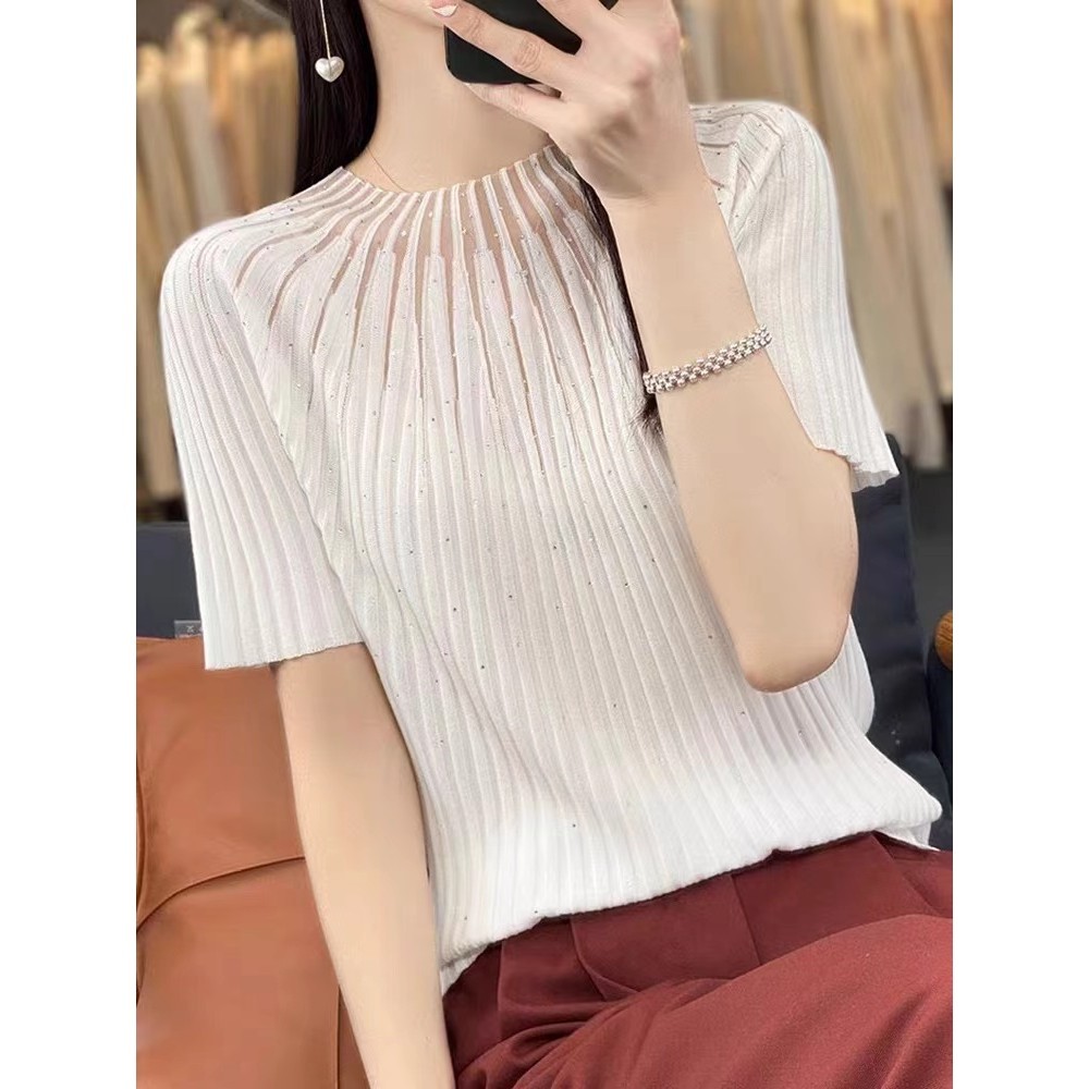 Balamy Cổ Tròn Niche Thiết Kế Băng Lụa Dệt Kim Áo Thun Nữ Mùa Hè Pháp Thời Trang Rời Ôm Hơn Nhìn ...