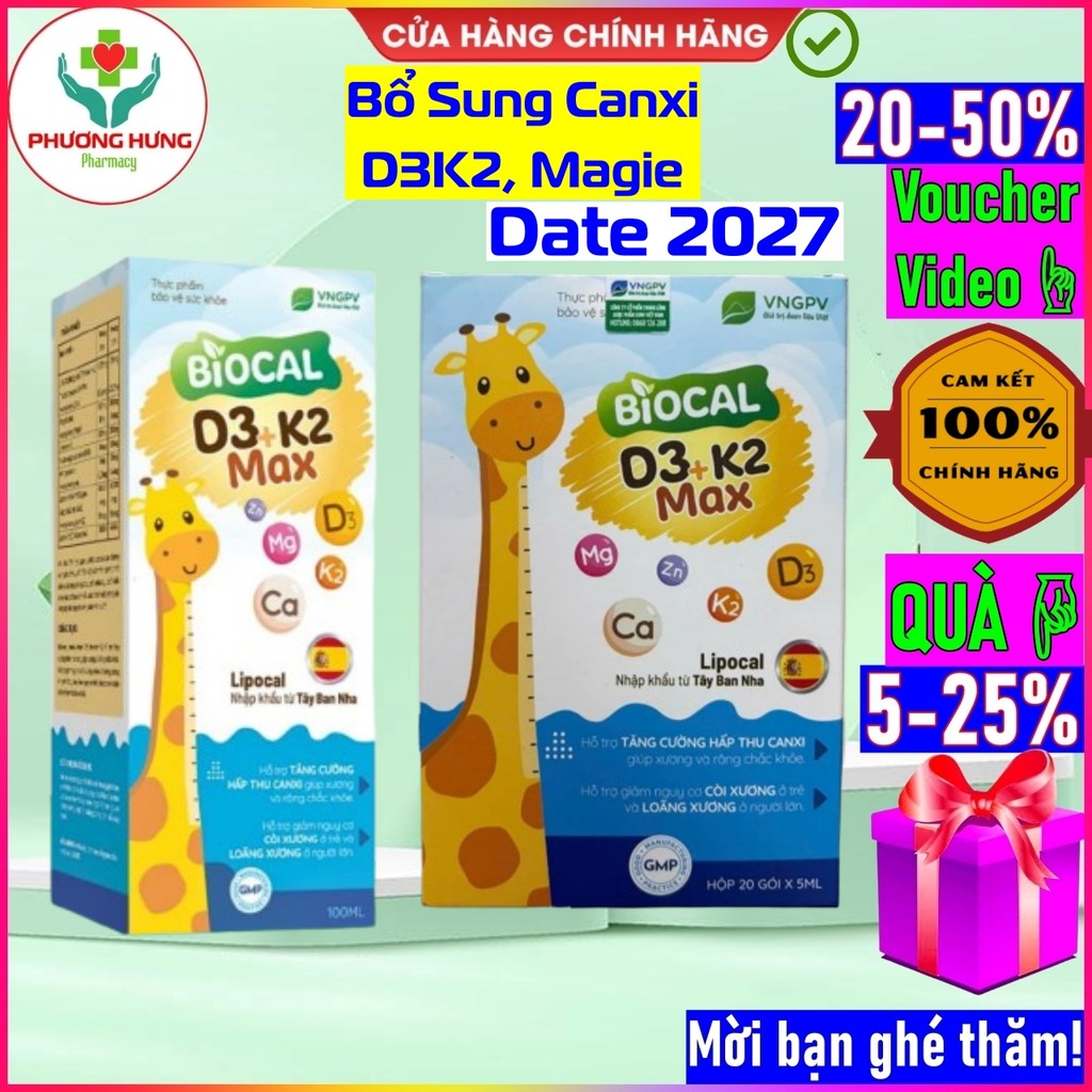 Canxi/Calci sinh học BIOCAL D3K2 MAX Giúp Bổ Sung Canxi, D3K2, Magie - Có dạng chai và gói ...