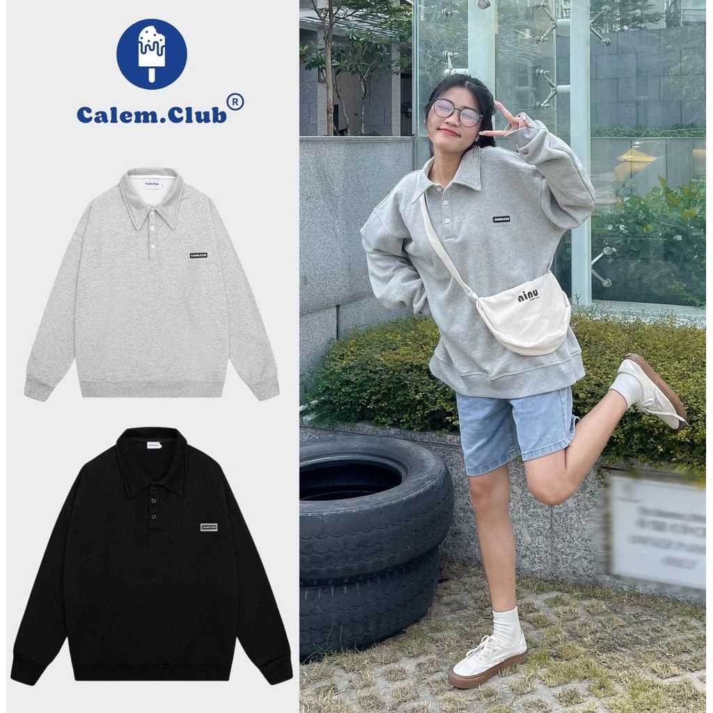 Áo Polo Tay Dài TEM SU đơn giản- Áo nỉ form rộng unisex Brand Calem ...