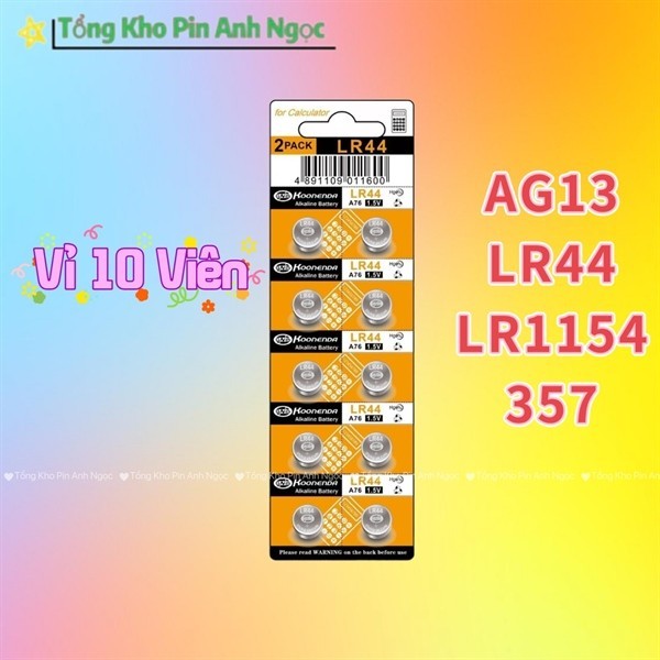 Vỉ 10 viên pin cúc áo AG13 / LR44 / SR44SW / A76 / 357 / L1154F ...