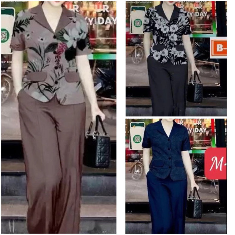 Set Bộ Trung Niên, Đồ Bộ Nữ, Áo Cổ Vest, Quần Dài, Mã MI56 _ Vasing ...
