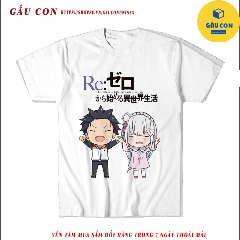 Áo thun anime Re:Zero Subaru & Emilia Chibi ngắn tay | Shopee Việt Nam