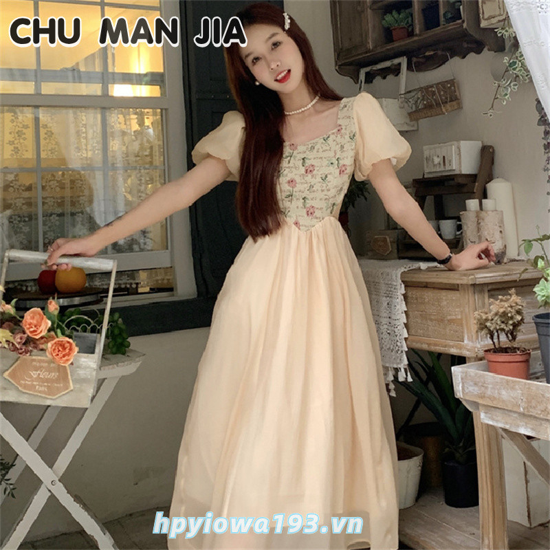 Chu MAN JIA Đầm tay phồng nữ phong cách mới nhỏ tươi đơn giản giản giản ...