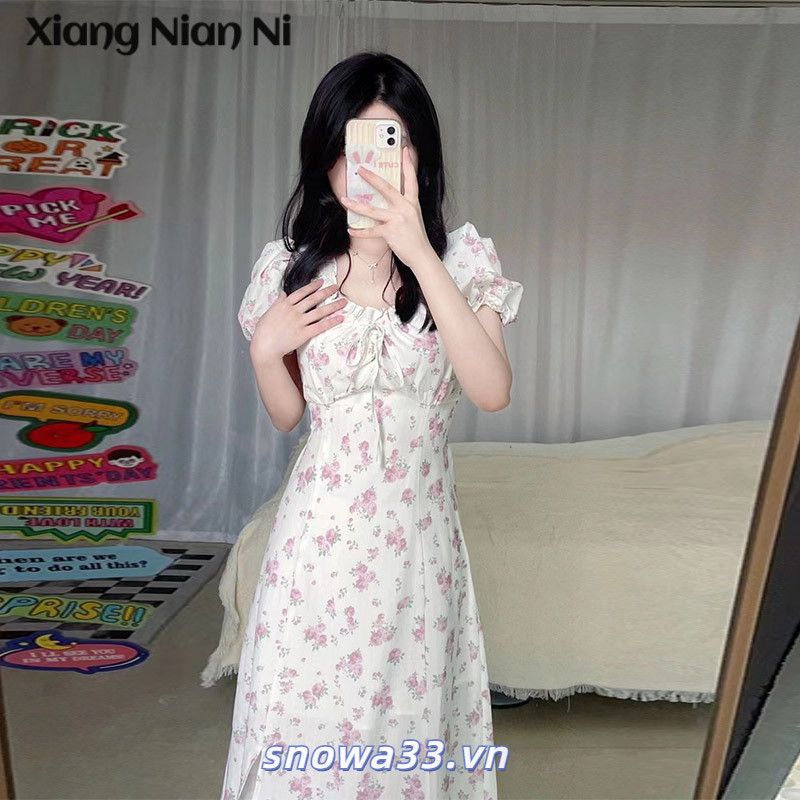 Xiang NIAN NI 2024 Mùa Hè Mới Ngọt Ngào Pháp Retro Hoa Đầm Nữ Eo Giảm Béo Ren-up Tay Phồng Váy ...