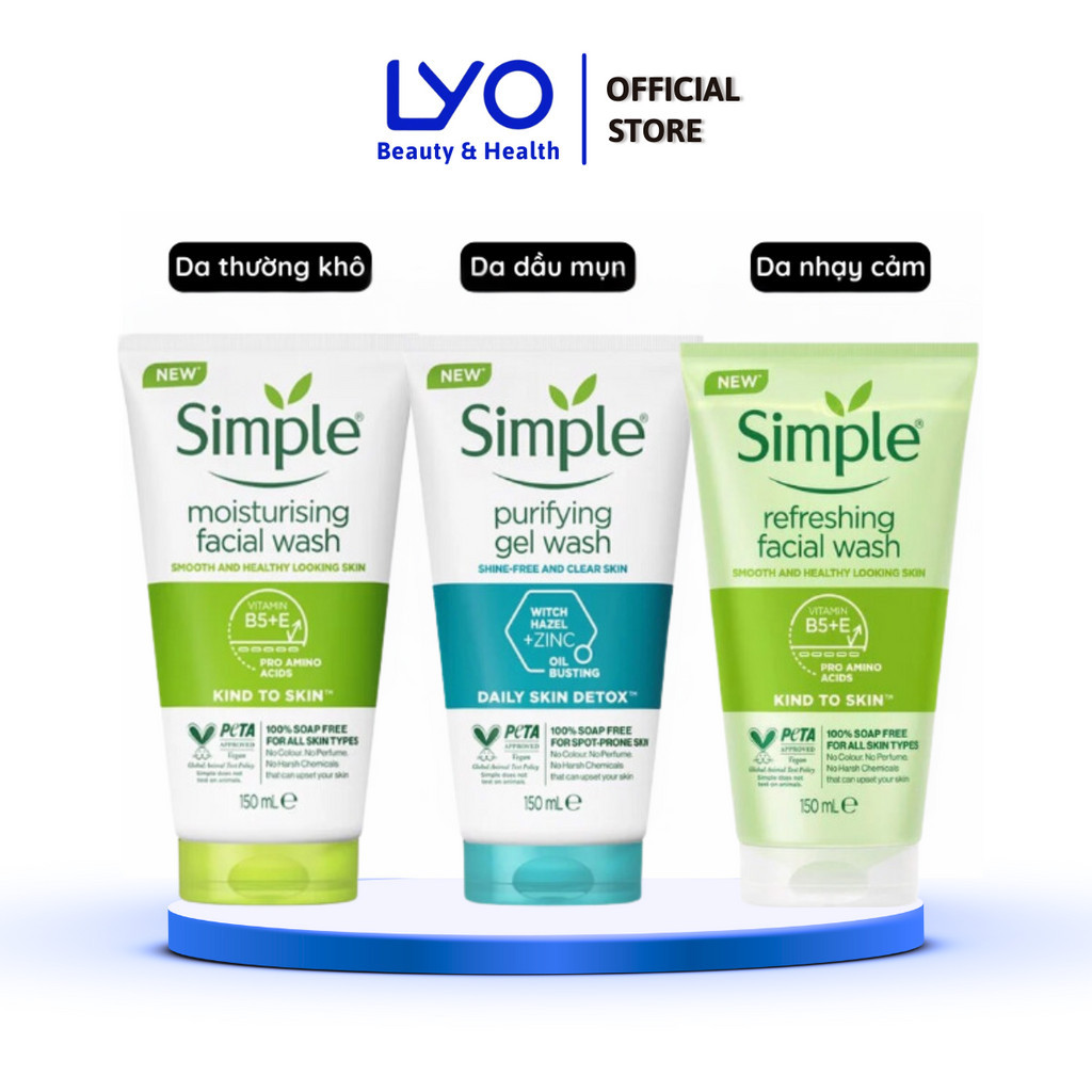 Gel sữa Rửa Mặt Simple Cho Da Dầu Mụn Dưỡng Ẩm Da Khô, Nhạy Cảm Dịu Nhẹ SRM Simple 150ml ...