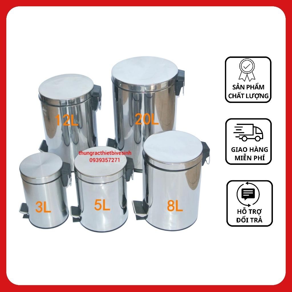 Thùng rác inox đạp chân size 3L/5L/8L/12L/20L/30L chính hãng, thùng rác có nắp tiện lợi chuyên ...
