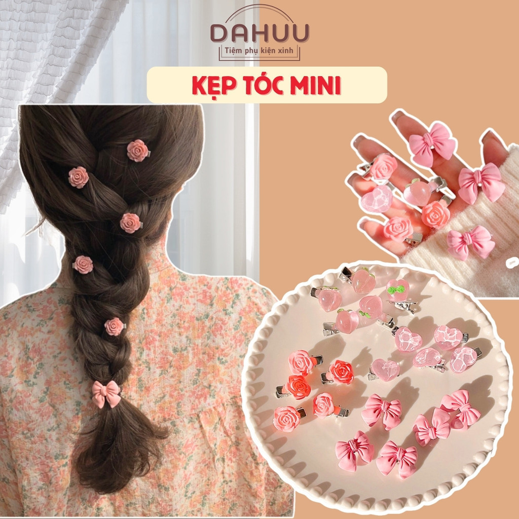 Set 5 Kẹp tóc mini đính nơ họa tiết bông hoa/trái tim xinh xắn DAHUU ...