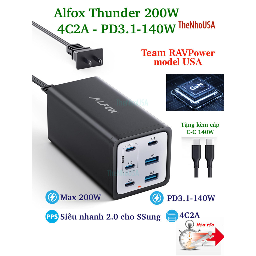 Trạm sạc nhanh 6 cổng Alfox RAVPower GAN Thunder 200W PD3.1 140W 4C2A Af-PC008 hỗ trợ PD / PPS ...