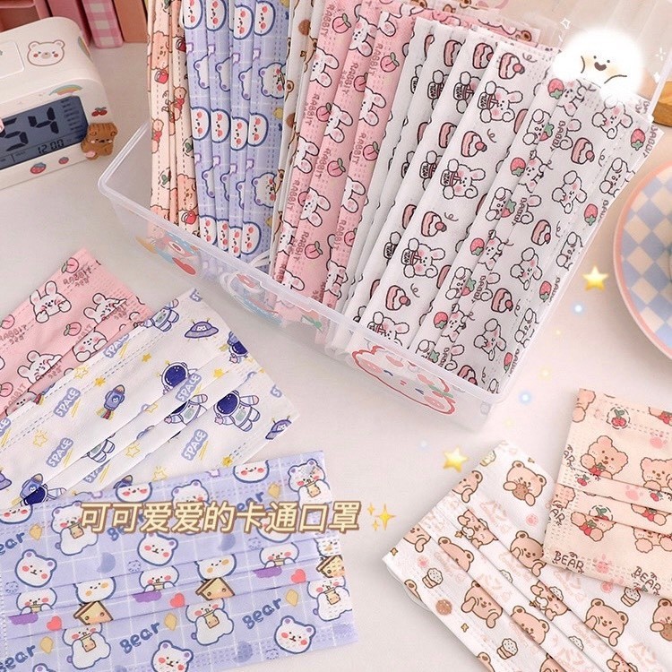 [Set 100 cái] Khẩu trang y tế in hình cute hoạ tiết người lớn đáng yêu vải lụa cao cấp kháng ...
