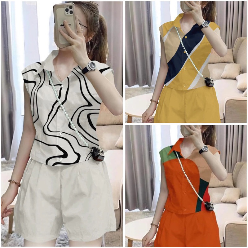 Set Bộ Nữ, Bộ Áo Cộc, Quần Cộc, Cổ Áo Sơ Mi, Thoáng Mát, Thấm Hút Mồ ...