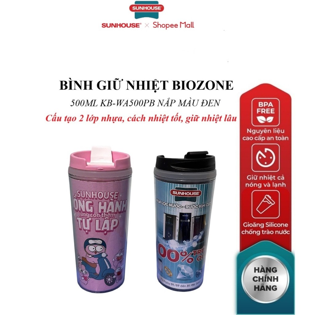 BÌNH GIỮ NHIỆT BIOZONE 500ML NẮP MÀU ĐEN/ MÀU NÂU, Cấu tạo 2 lớp nhựa, cách nhiệt tốt, , giữ ...