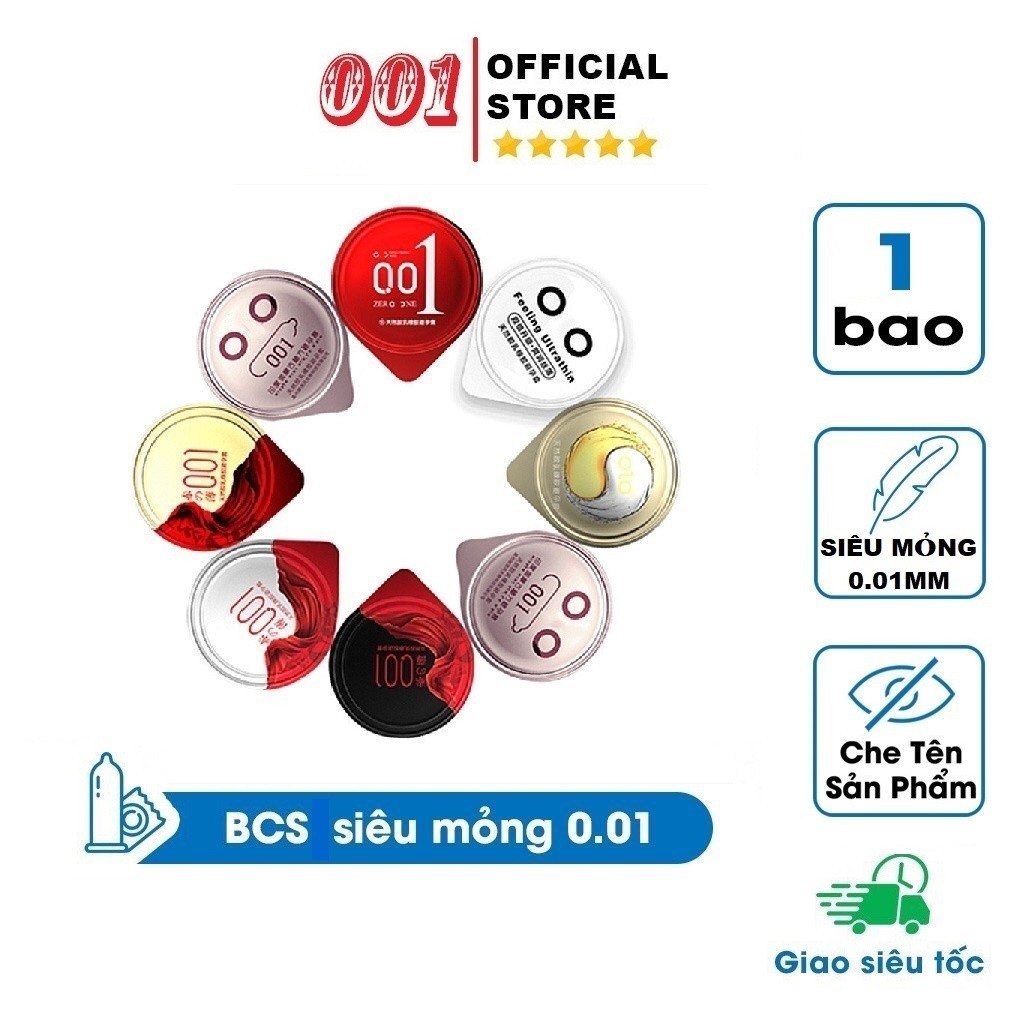 Bao cao su 001 lẻ 1 chiếc, bcs siêu mỏng có gai, nhiều gel, truyền ...