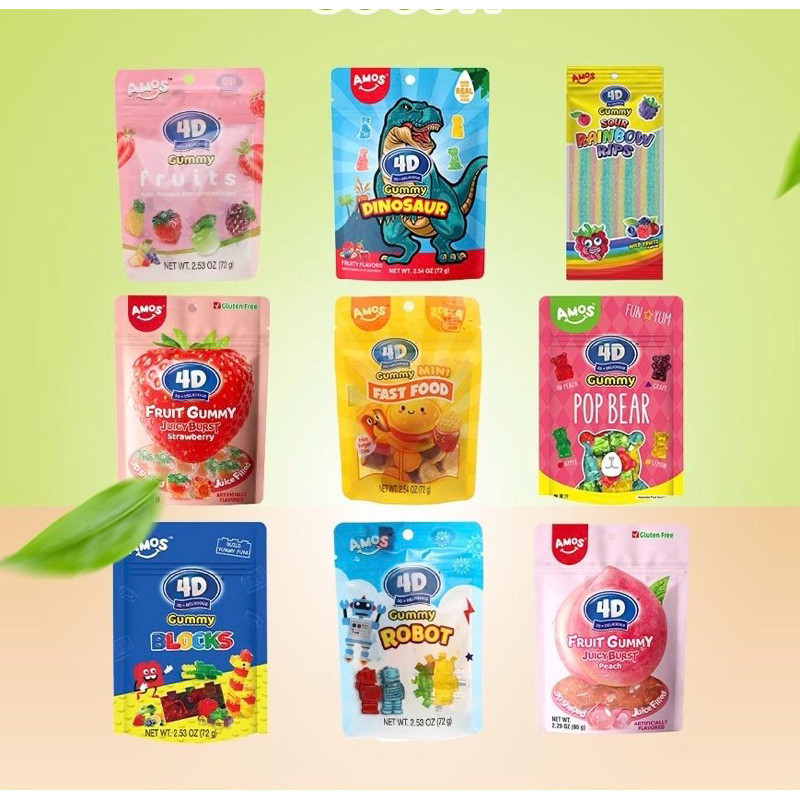 Kẹo dẻo Amos 4D 72g hình khủng lon, trái cây, robot, khối ghép, thức ăn nhanh, gấu, đào, dâu ...