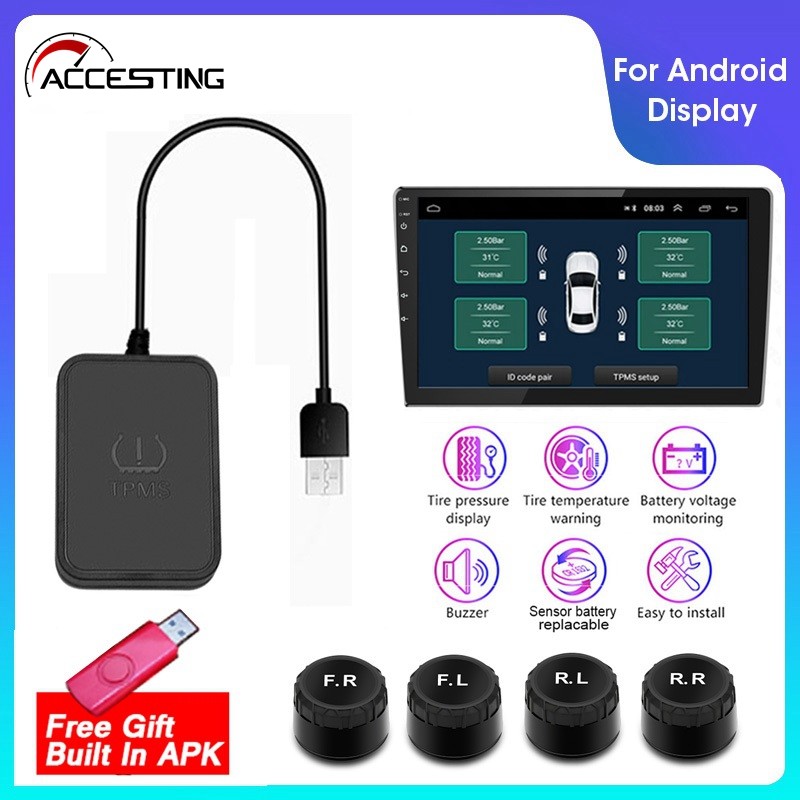 [Usb miễn phí] Hệ thống giám sát báo động áp suất lốp xe hơi USB Android Tpms cho xe Cảnh báo ...