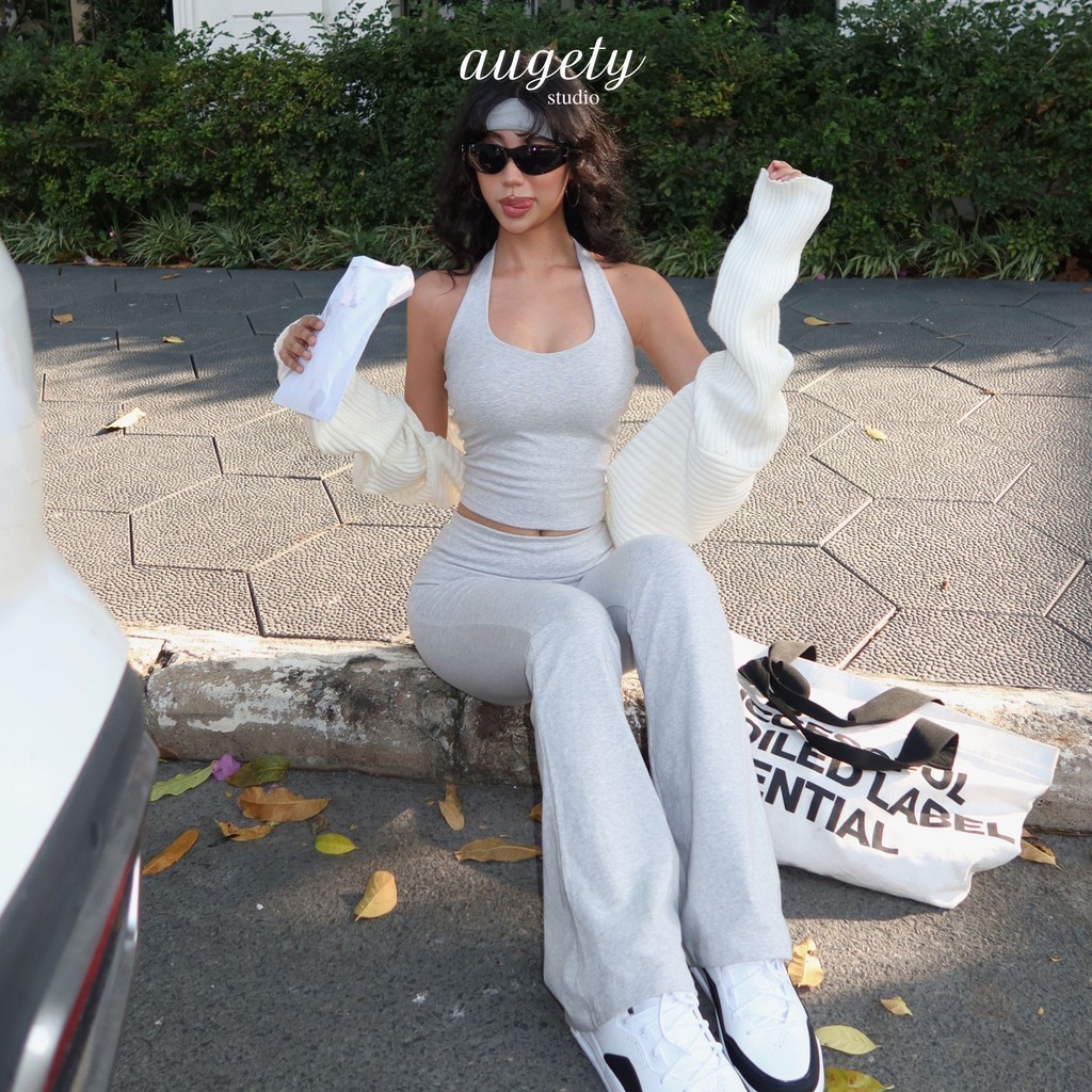 Set Áo Croptop Dây Cổ Ôm và Quần Thun Ống Loe Dài Gập Eo Augety Studio EVELYN Set | Shopee Việt Nam