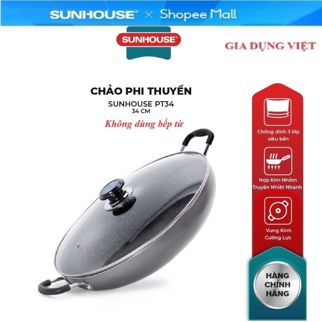 CHẢO PHI THUYỀN SUNHOUSE PT34_Không dùng bếp từ ( Lưu ý mẫu mới 2024, màu mới ) | Shopee Việt Nam