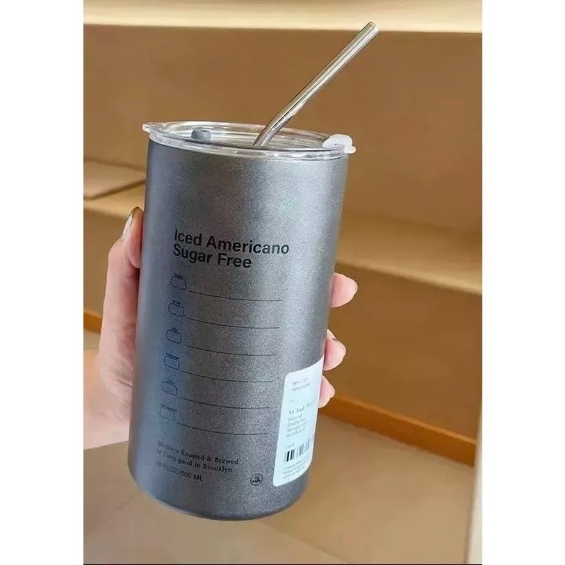 Bình đựng nước giữ nhiệt Iced Americano có ống hút dung tích 600ml, Ly cốc giữ nhiệt cute uống ...